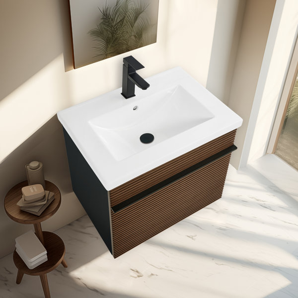 Ebern Designs Barham 24" Floating & Wall-Mounted Single Bathroom Vanity In Shadow Walnut With ...